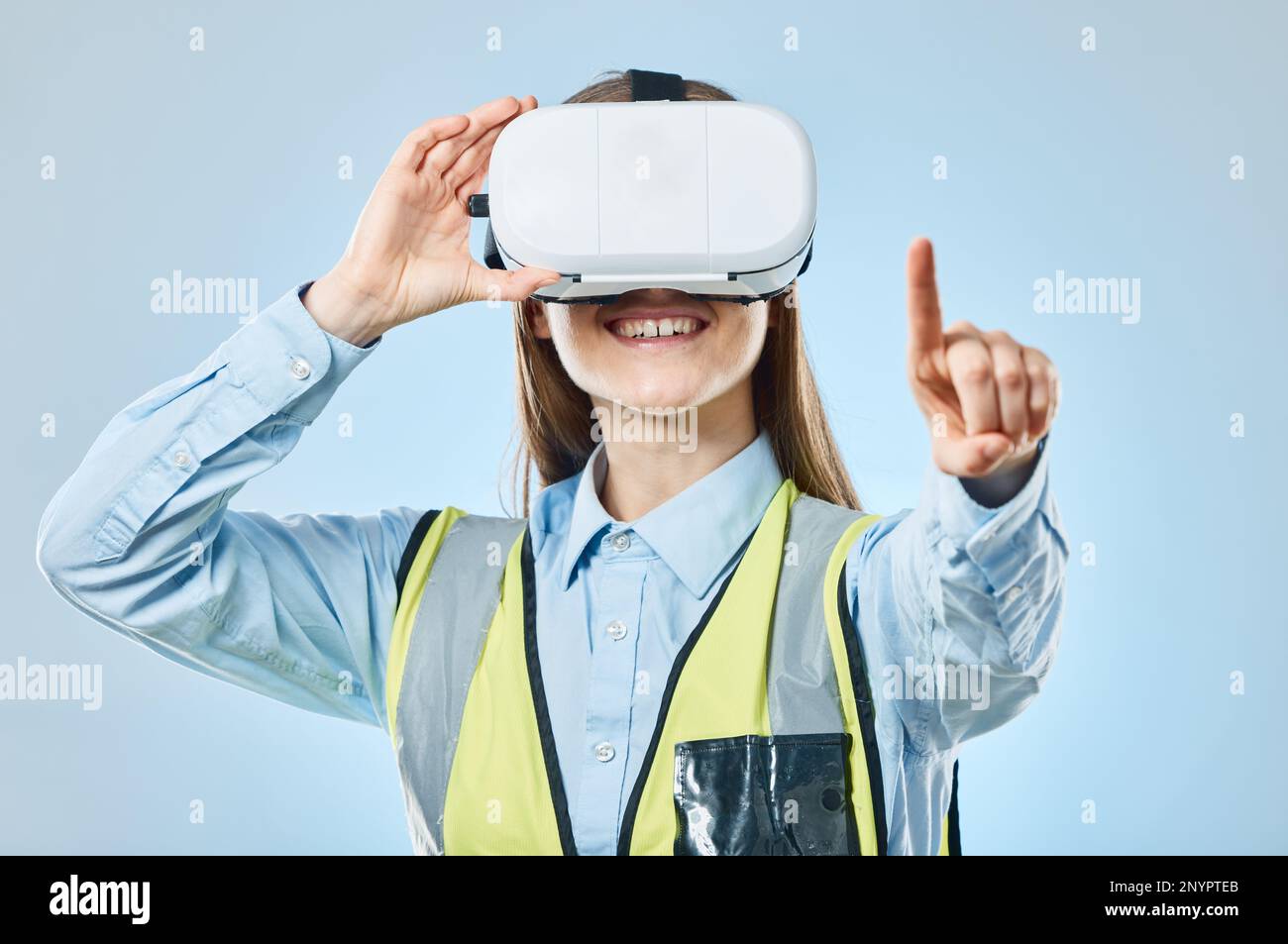 Business, virtual reality glasses and woman pointing, success and girl ...