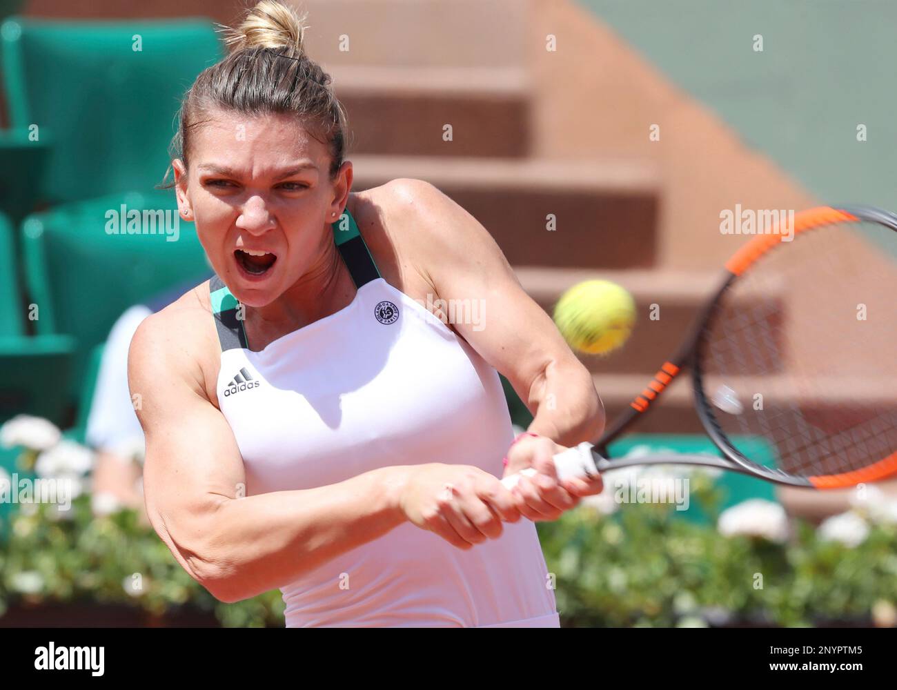 Simona Halep of Romania hits a shot during the women's singles ...