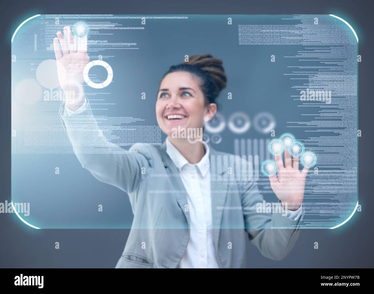 Woman, hands and 3D hologram of dashboard in digital transformation ...