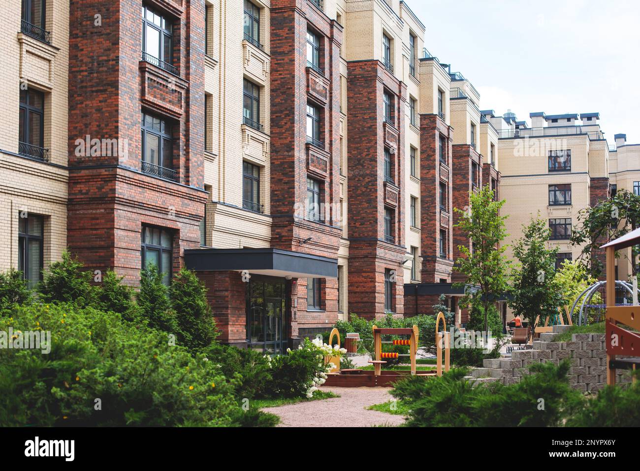 Modern european residential apartment complex yard territory, multi ...