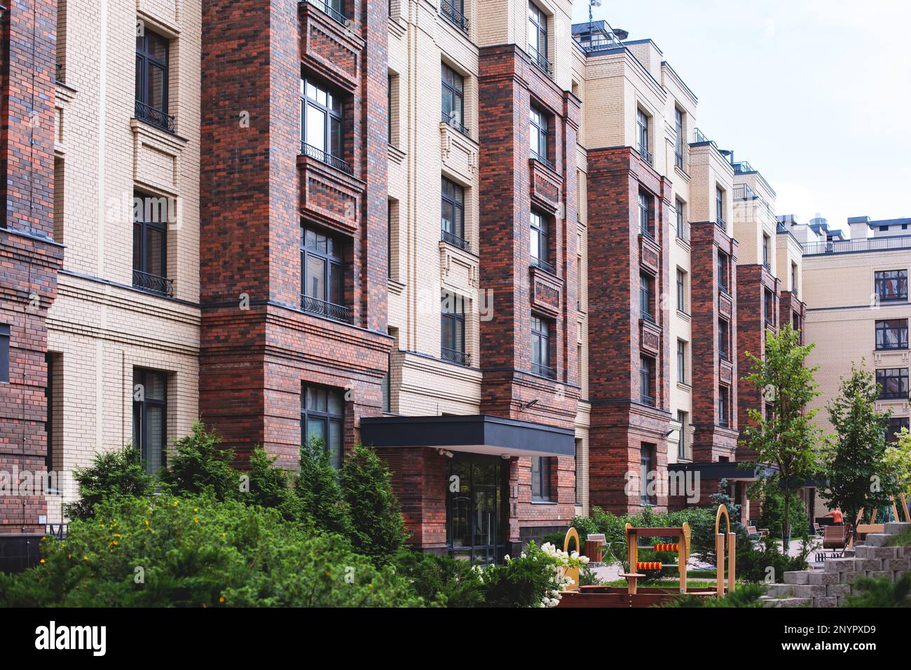 Modern european residential apartment complex yard territory, multi ...