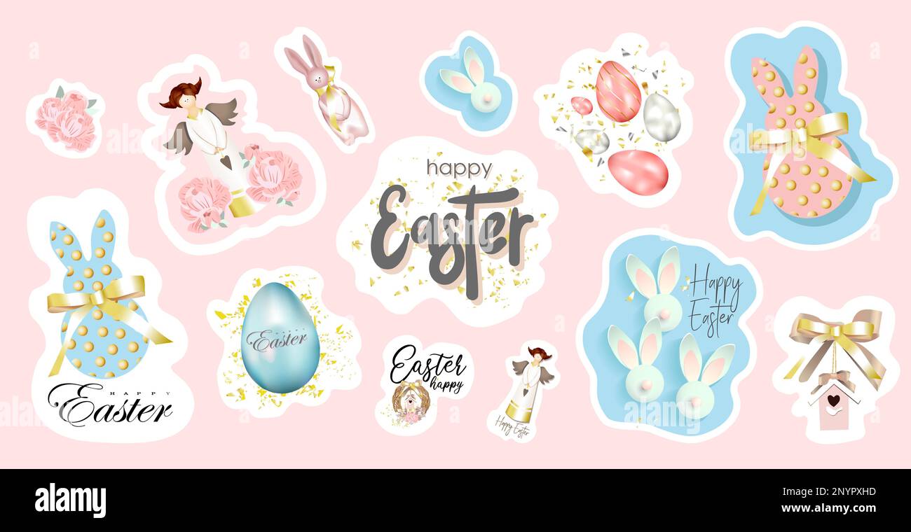 set of Easter stickers. easter sticker pack. Rabbits and bunnies ...