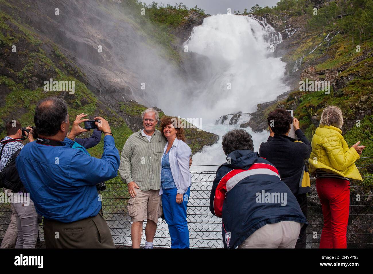 The stop at the waterfall Kjosfossen, Flamsbana train, Norway Stock ...