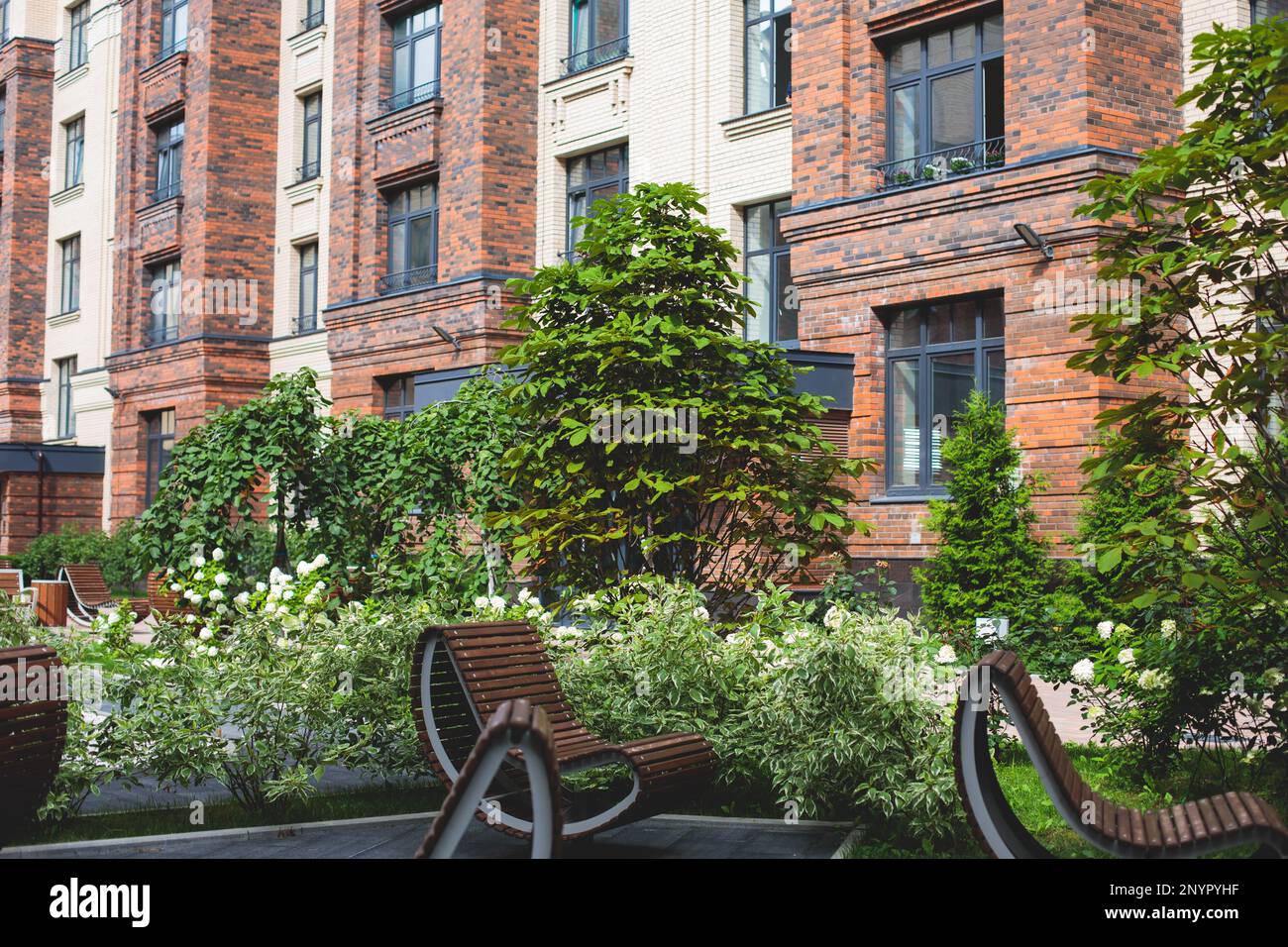 Modern european residential apartment complex yard territory, multi ...