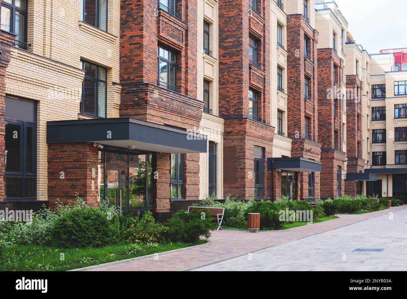 Modern european residential apartment complex yard territory, multi ...