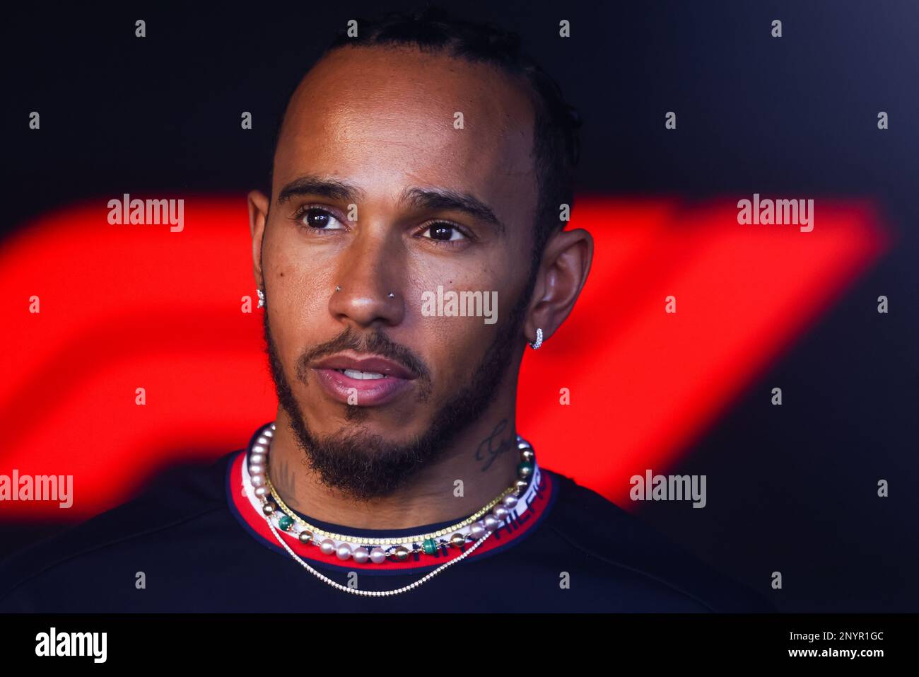 Sakhir, Bahrain. 2nd Mar, 2023. Lewis Hamilton of Mercedes attends TV ...