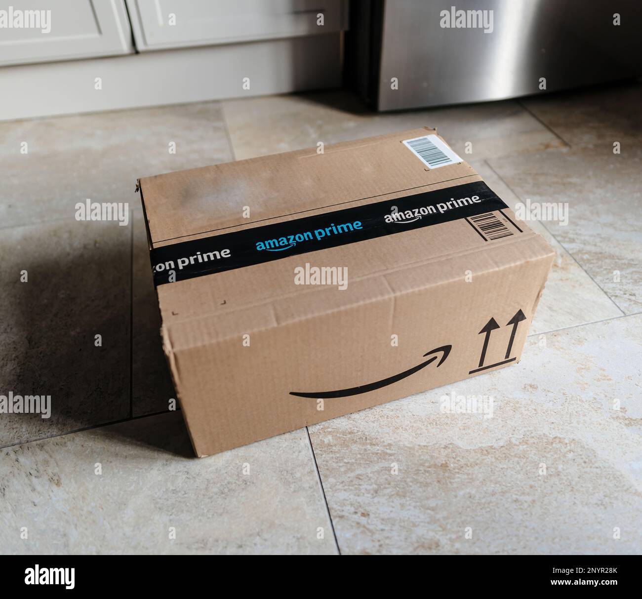 Paris, France - Mar 1, 2023: Elevated view of Amazon Prime cardboard ...