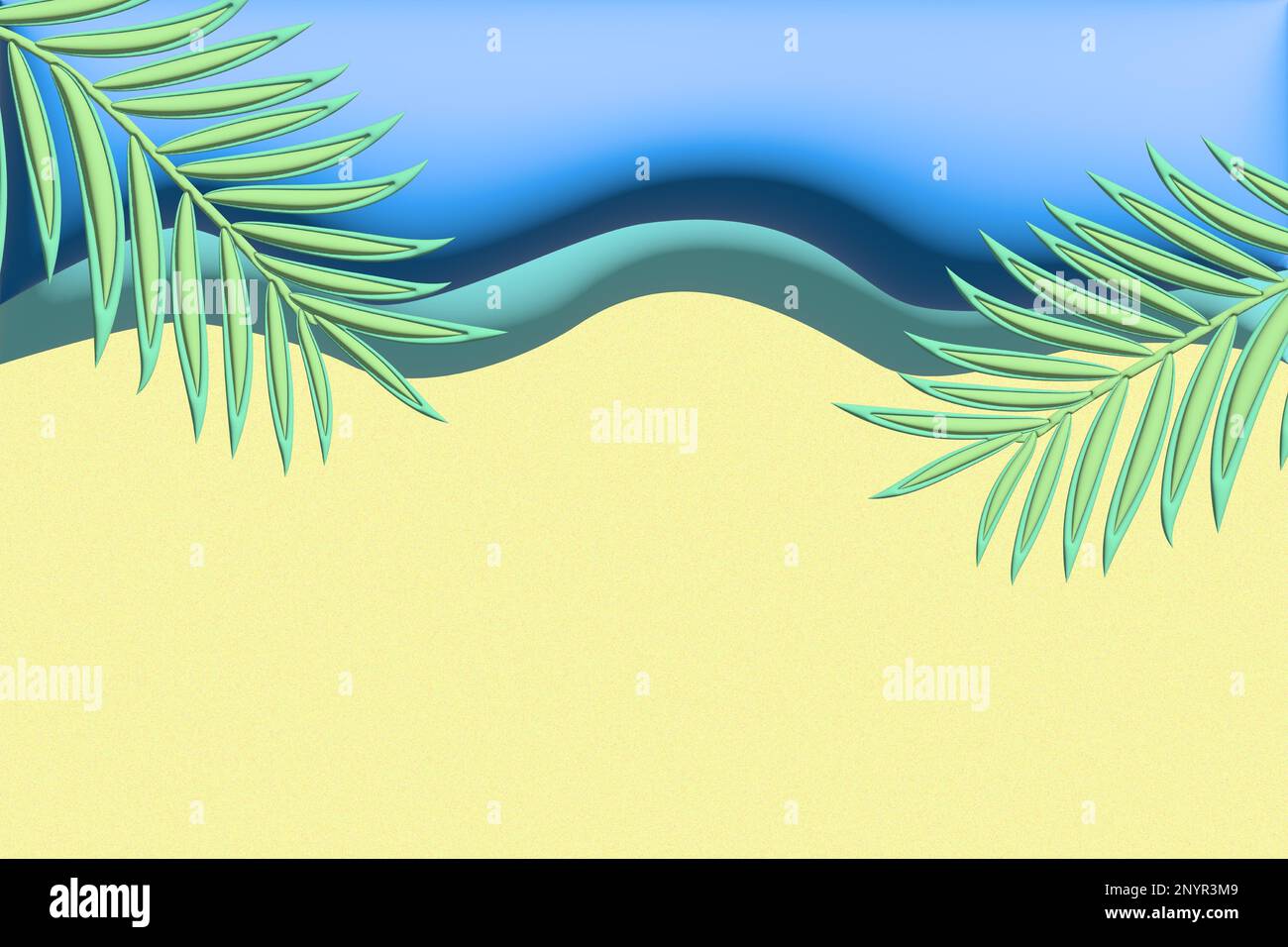 sandy beach with blue sea and palm leaves, top view. Volumetric ...