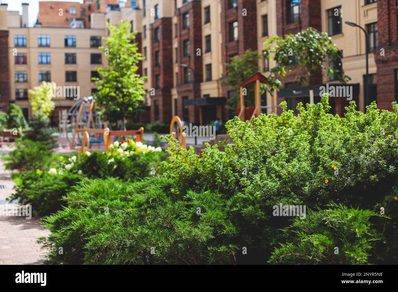 Modern european residential apartment complex yard territory, multi ...