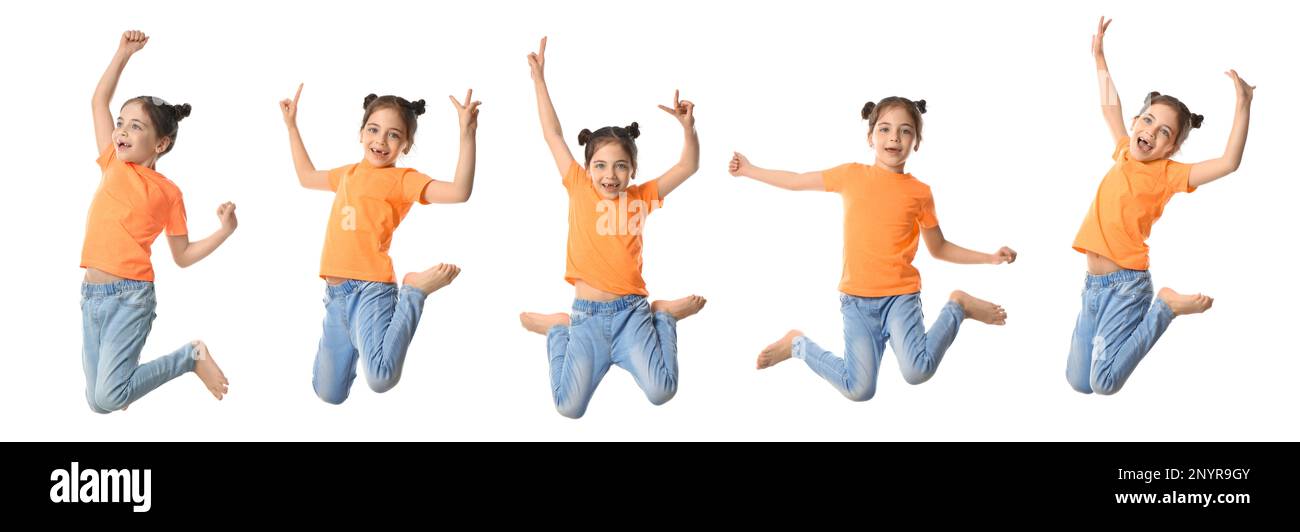 Cute little girl jumping on white background, collage. Banner design ...