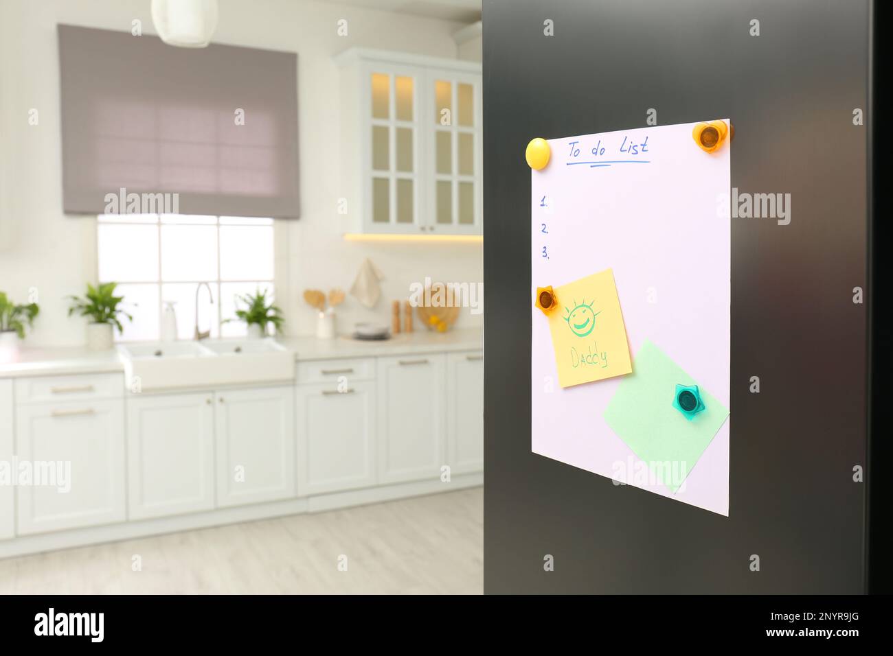 Blank To do list and notes on fridge in kitchen. Space for text Stock ...