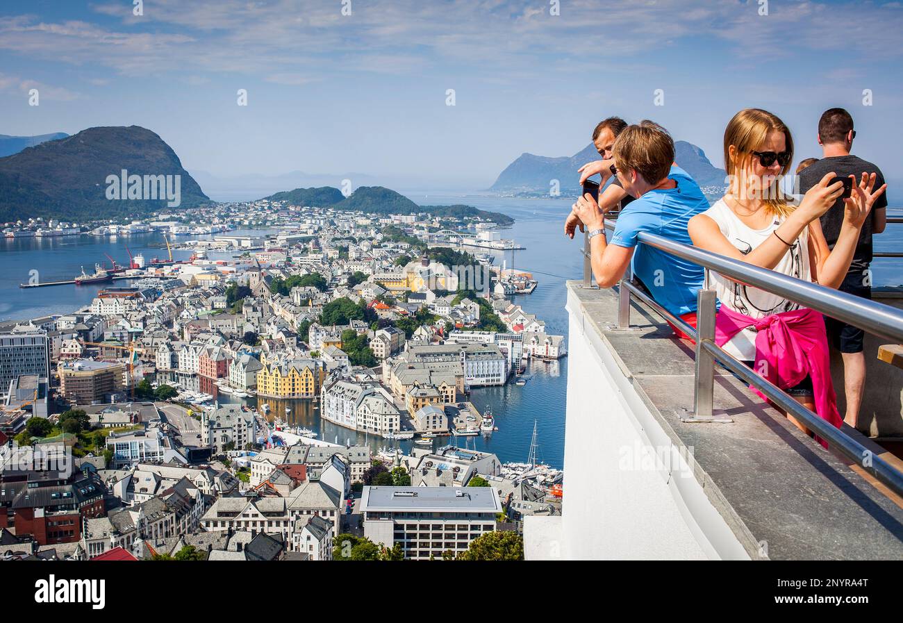 Fjellstua viewpoint in mount Aksla, Alesund, More og Romsdal, Norway ...