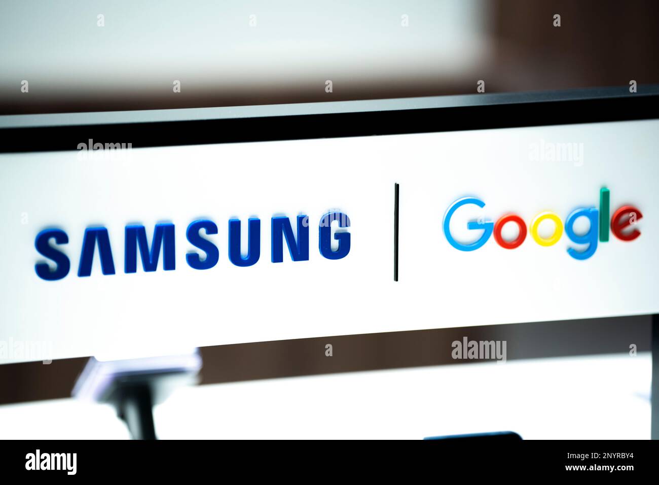 Samsung and Google logo in the Mobile World Congress 2023 in Barcelona ...