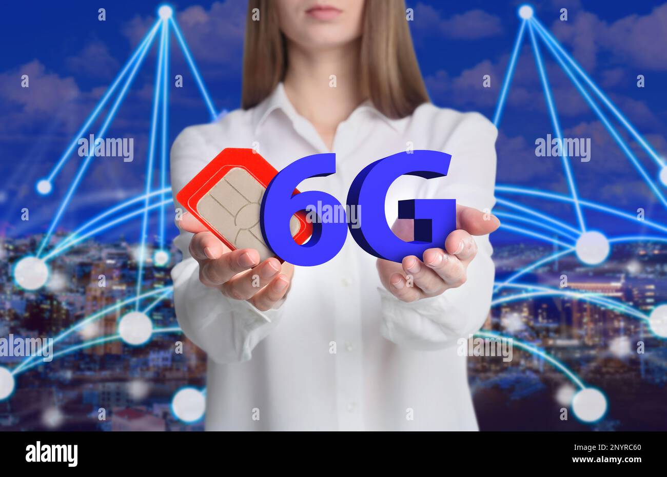 Woman demonstrating 6G SIM card model and cityscape with connection ...