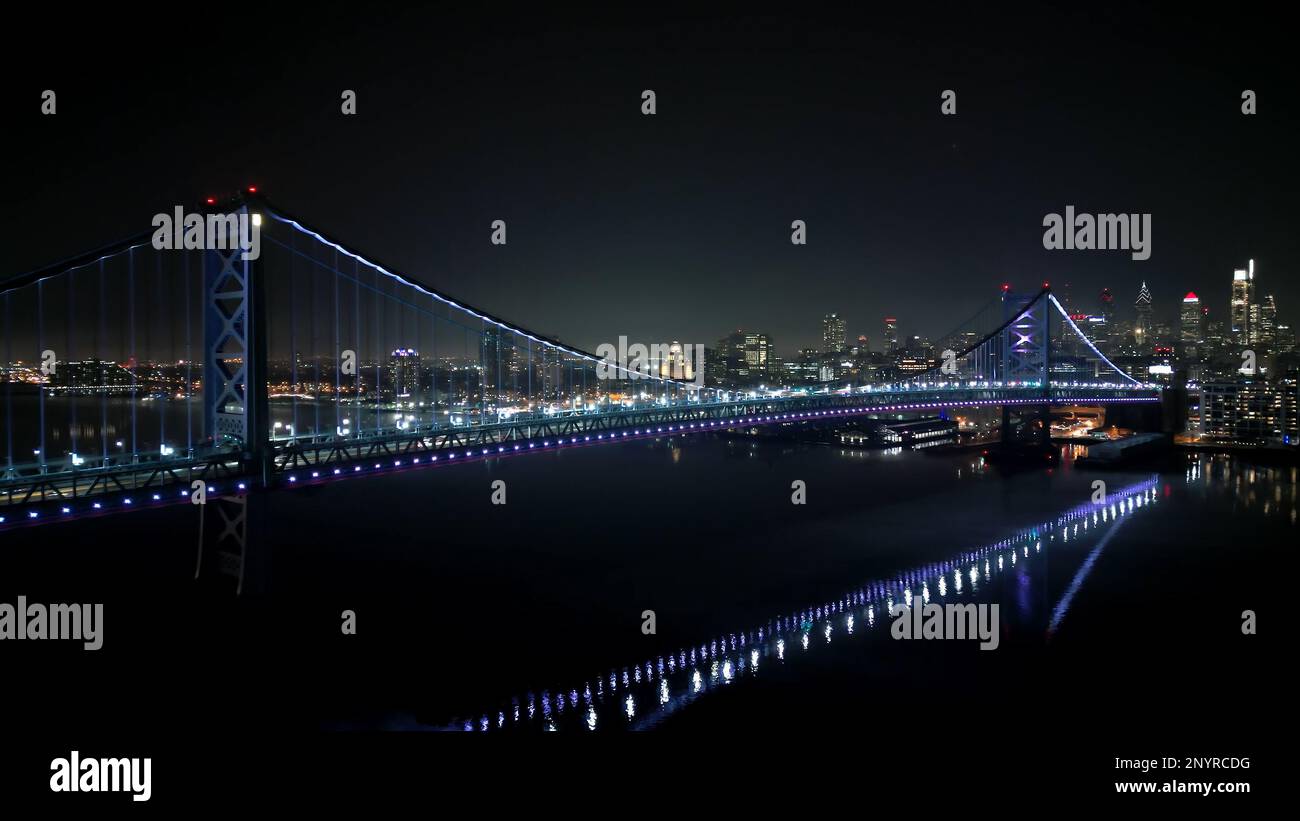 Benjamin Franklin Bridge and Skyline of Philadelphia at night - aerial ...