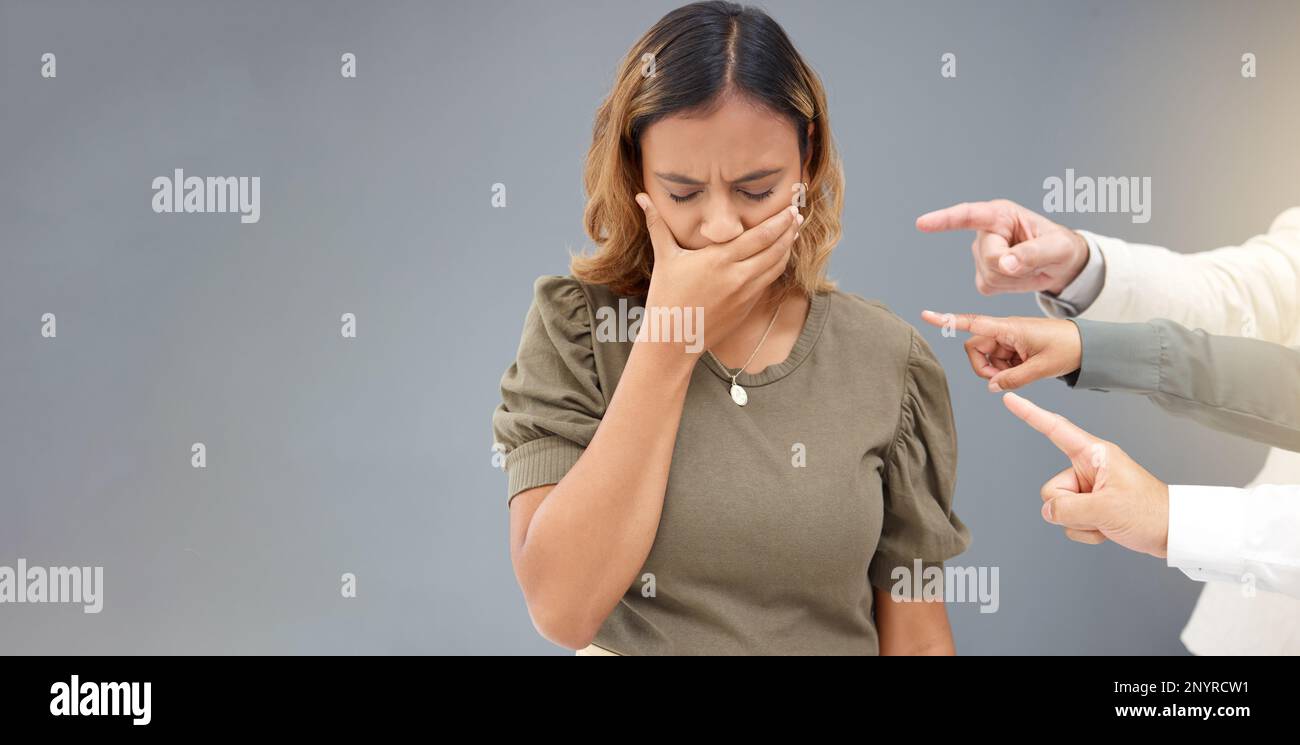 Bullying, pointing and hands with business woman for mistake, shame and ...