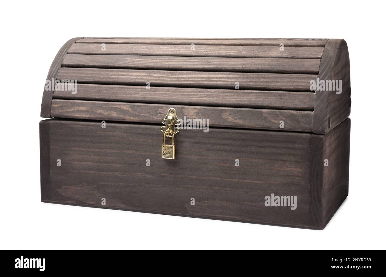Closed old wooden treasure chest with lock isolated on white Stock ...