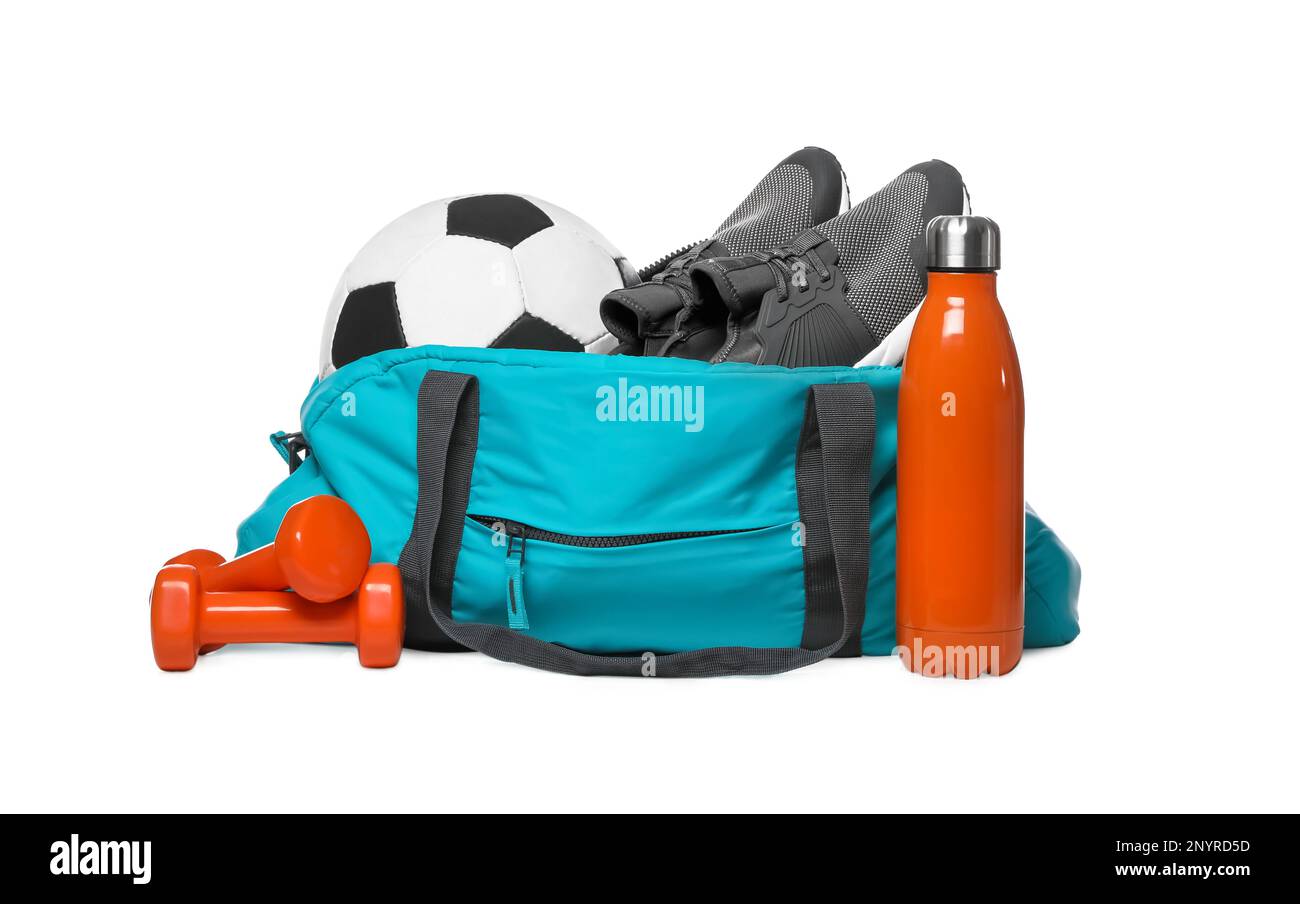 Bag with different sports equipment on white background Stock Photo - Alamy