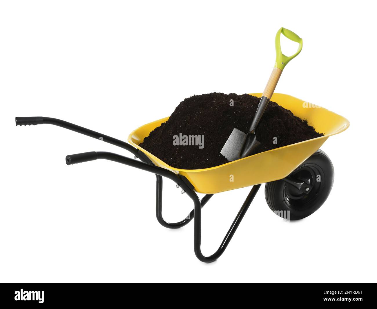 Wheelbarrow with soil and shovel isolated on white. Gardening tools ...