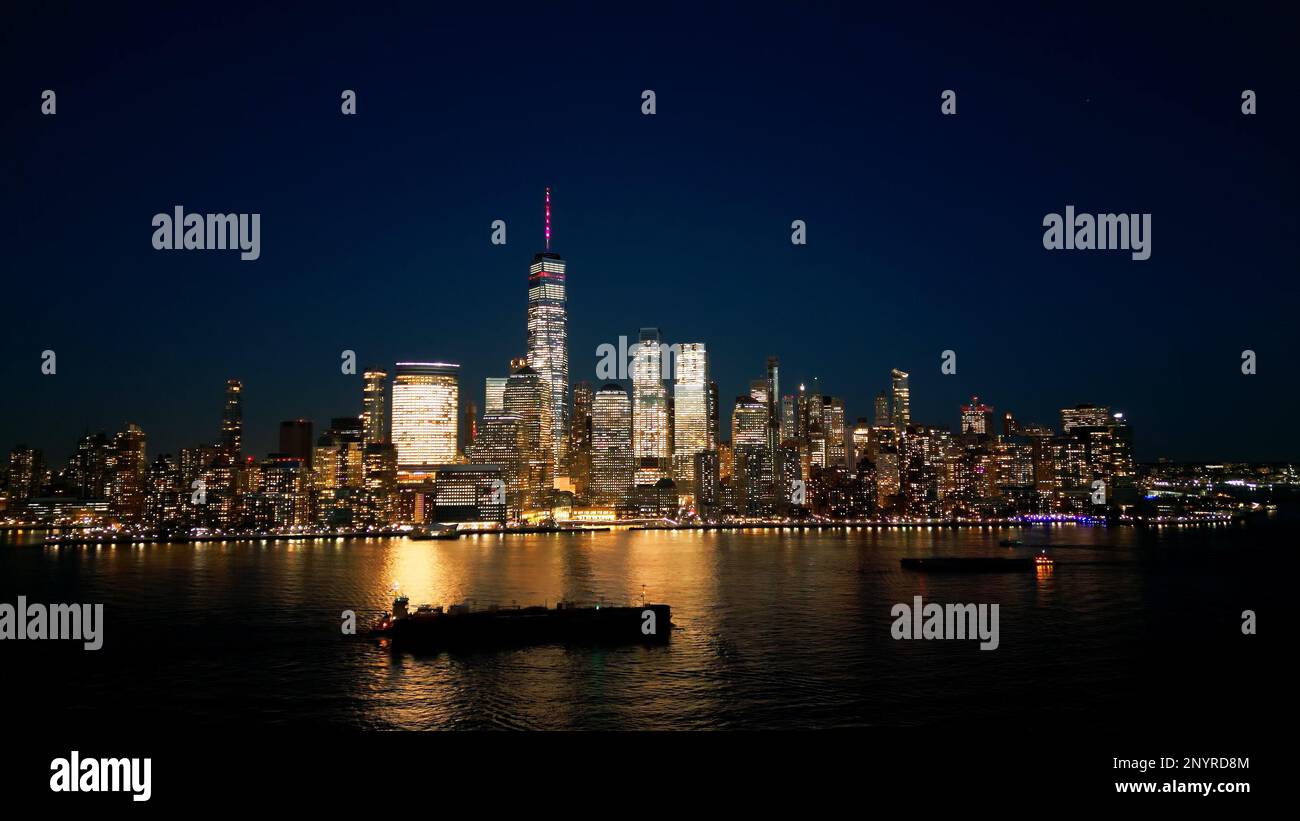 Manhattan skyline at night - aerial view by drone Stock Photo - Alamy