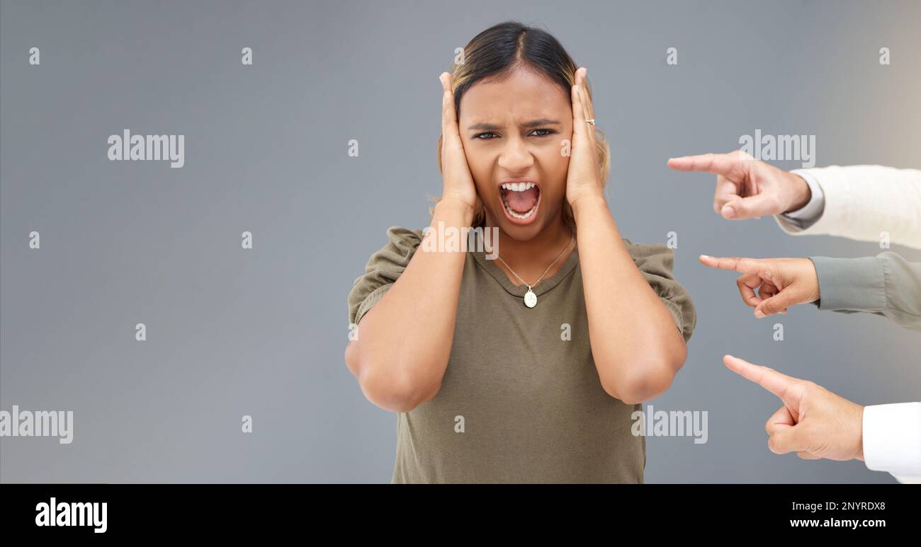Shouting, pointing and fingers with portrait of woman for bullying ...