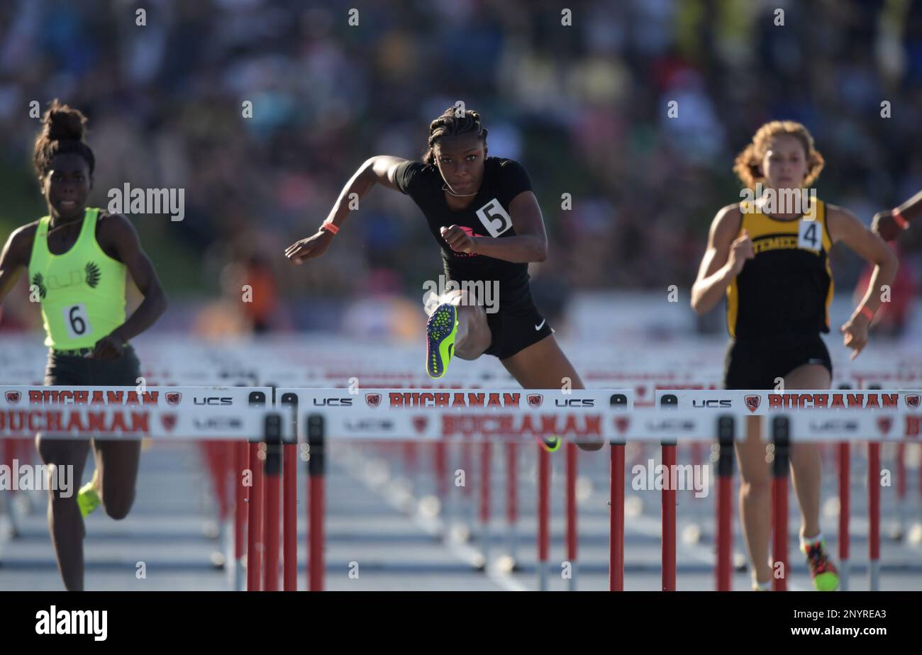 Kaylah Robinson of El Cerrito wins girls 100m hurdles heat in a wind ...