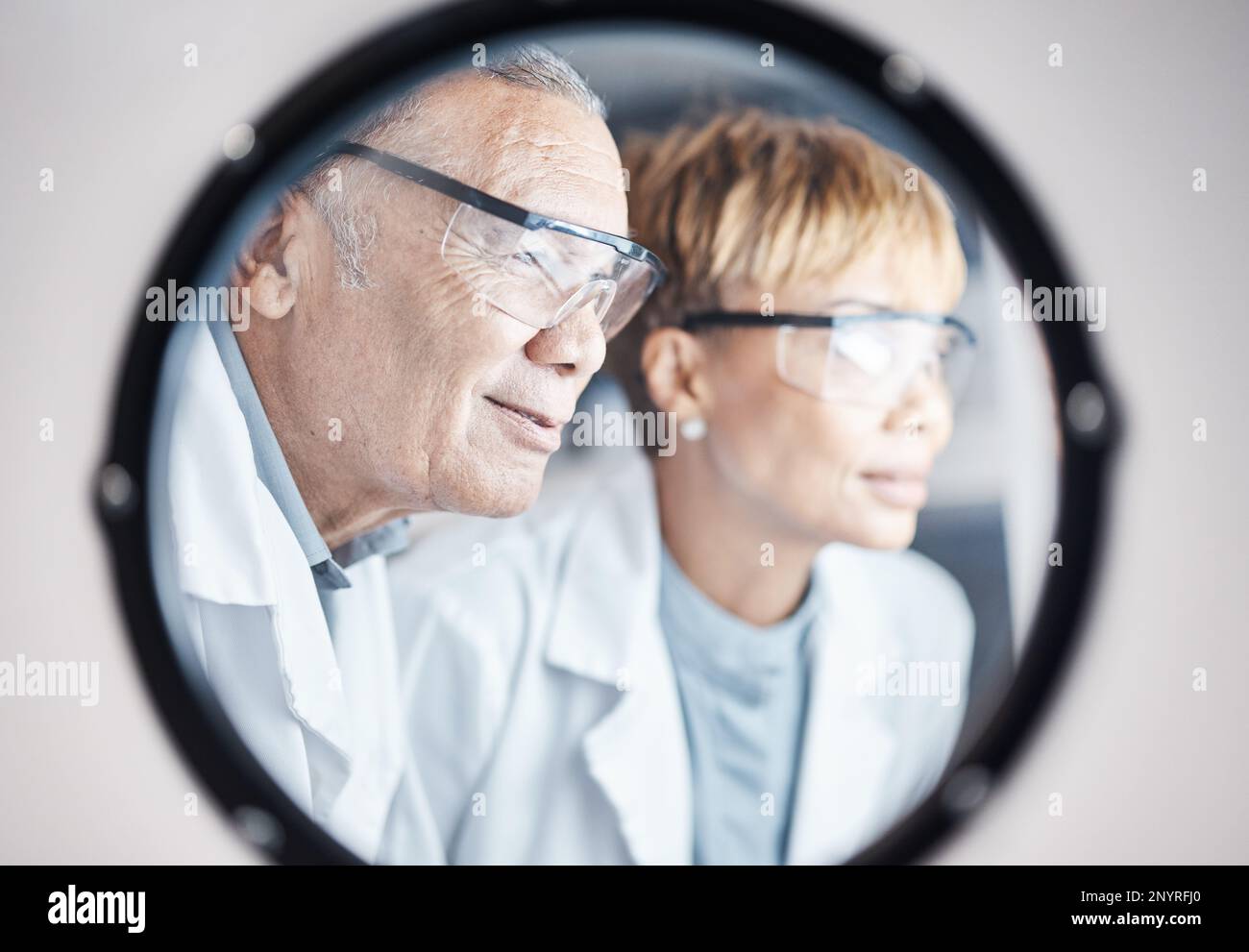 Science, research and team in laboratory incubator window for ...