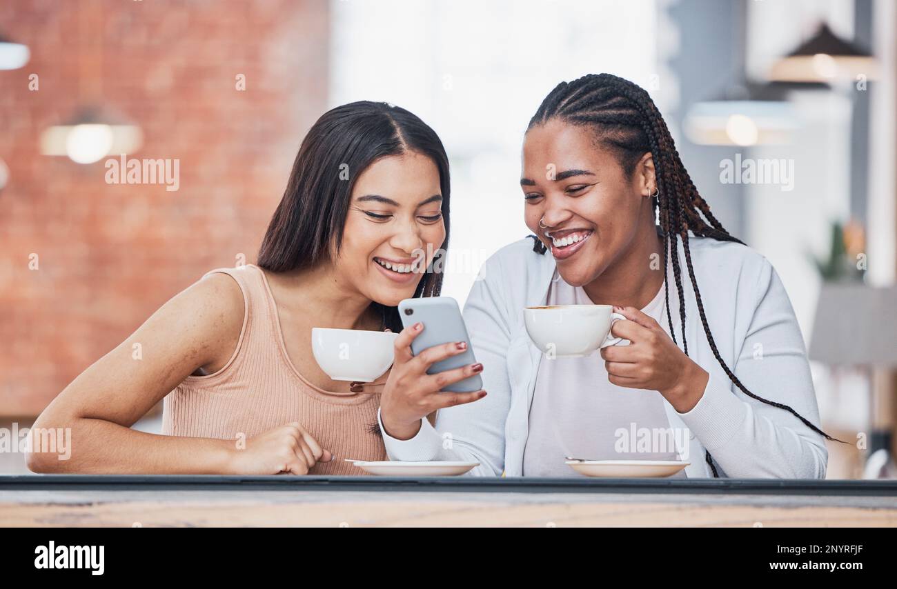Women friends, coffee shop and smartphone with meme, happy and laugh at ...