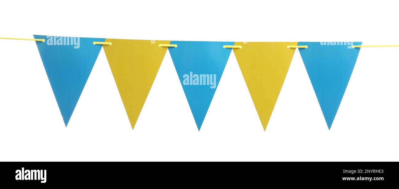 Triangular bunting flags on white background. Festive decor Stock Photo ...