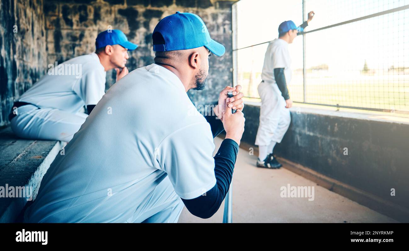 Baseball, watching game and men with fitness, club uniform and focus ...