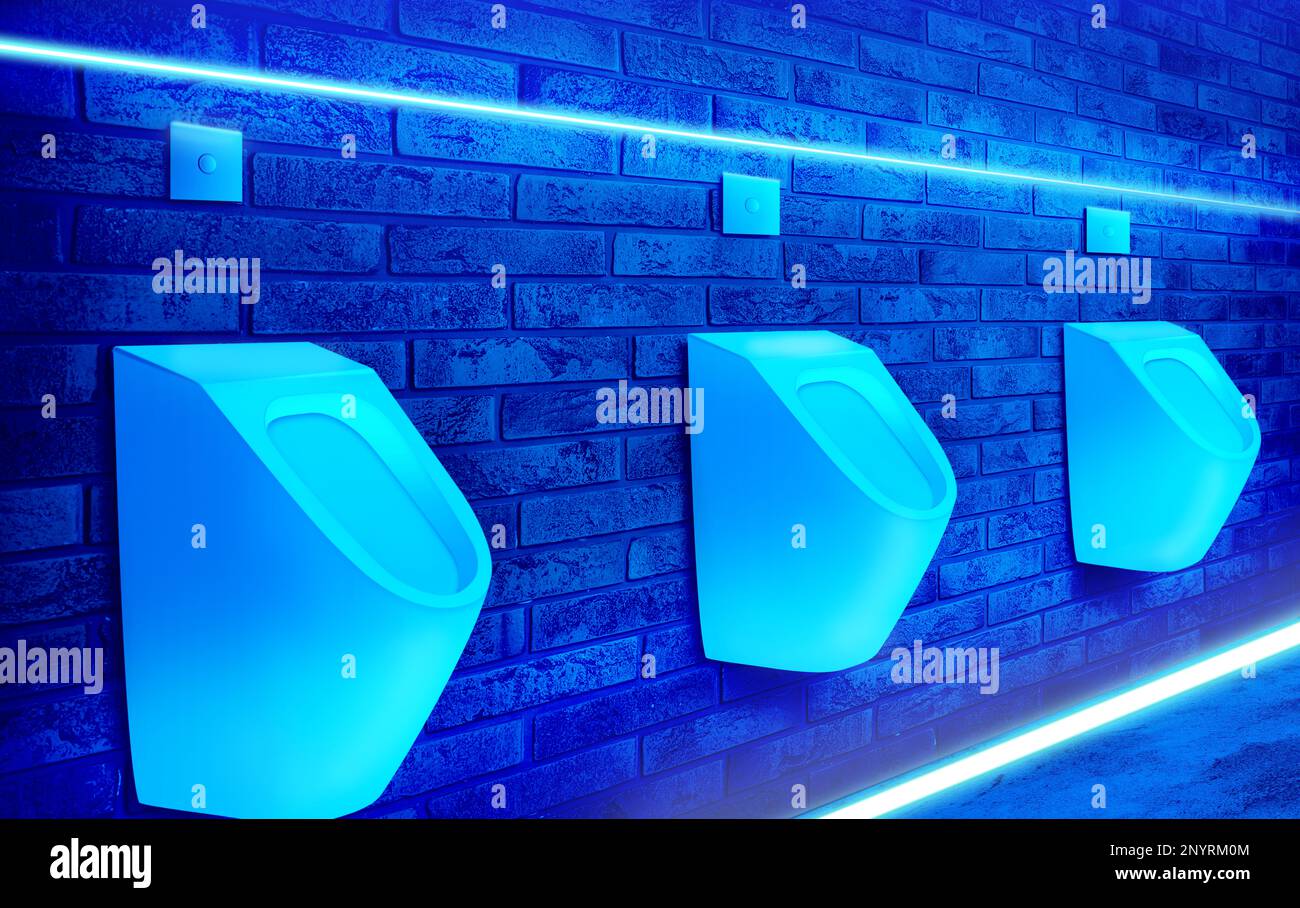 Ceramic urinals in men's public restroom lit with UV blue light Stock ...