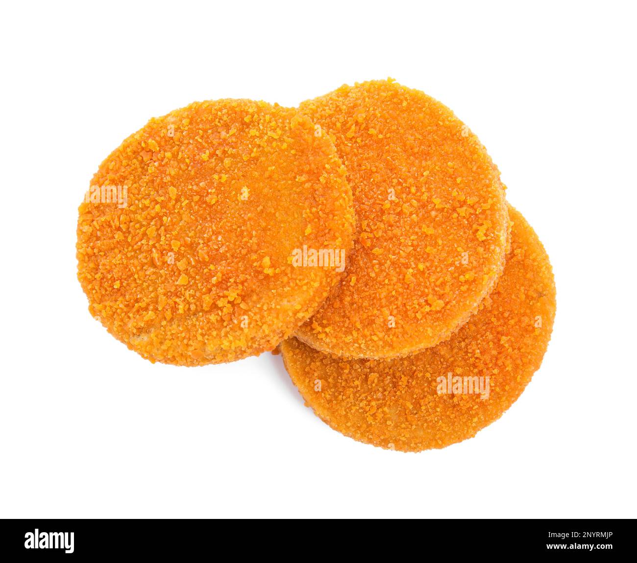 Delicious fried breaded cutlets on white background, top view Stock ...