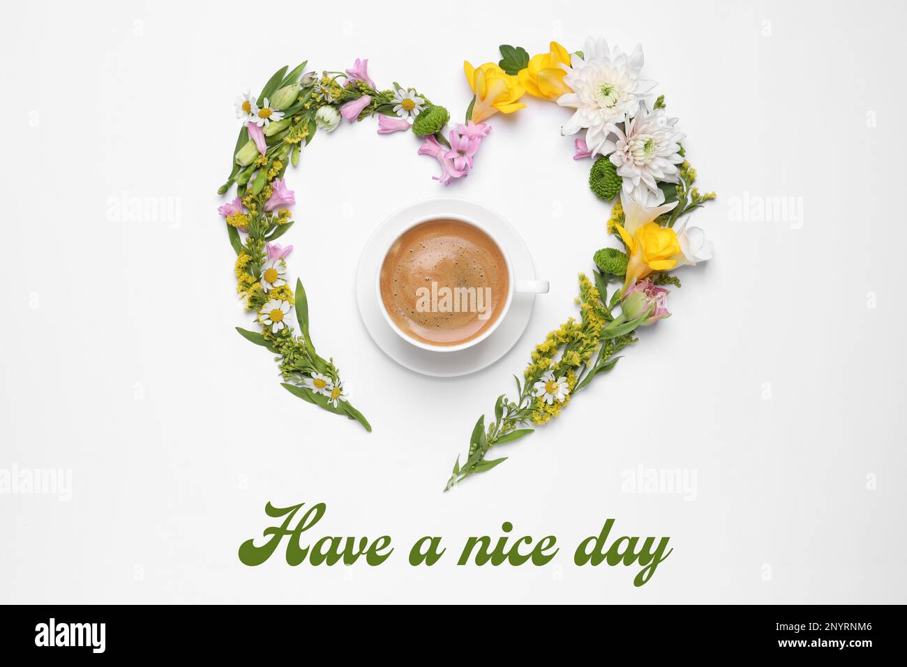 Text Have a nice day, beautiful heart made of different flowers and ...