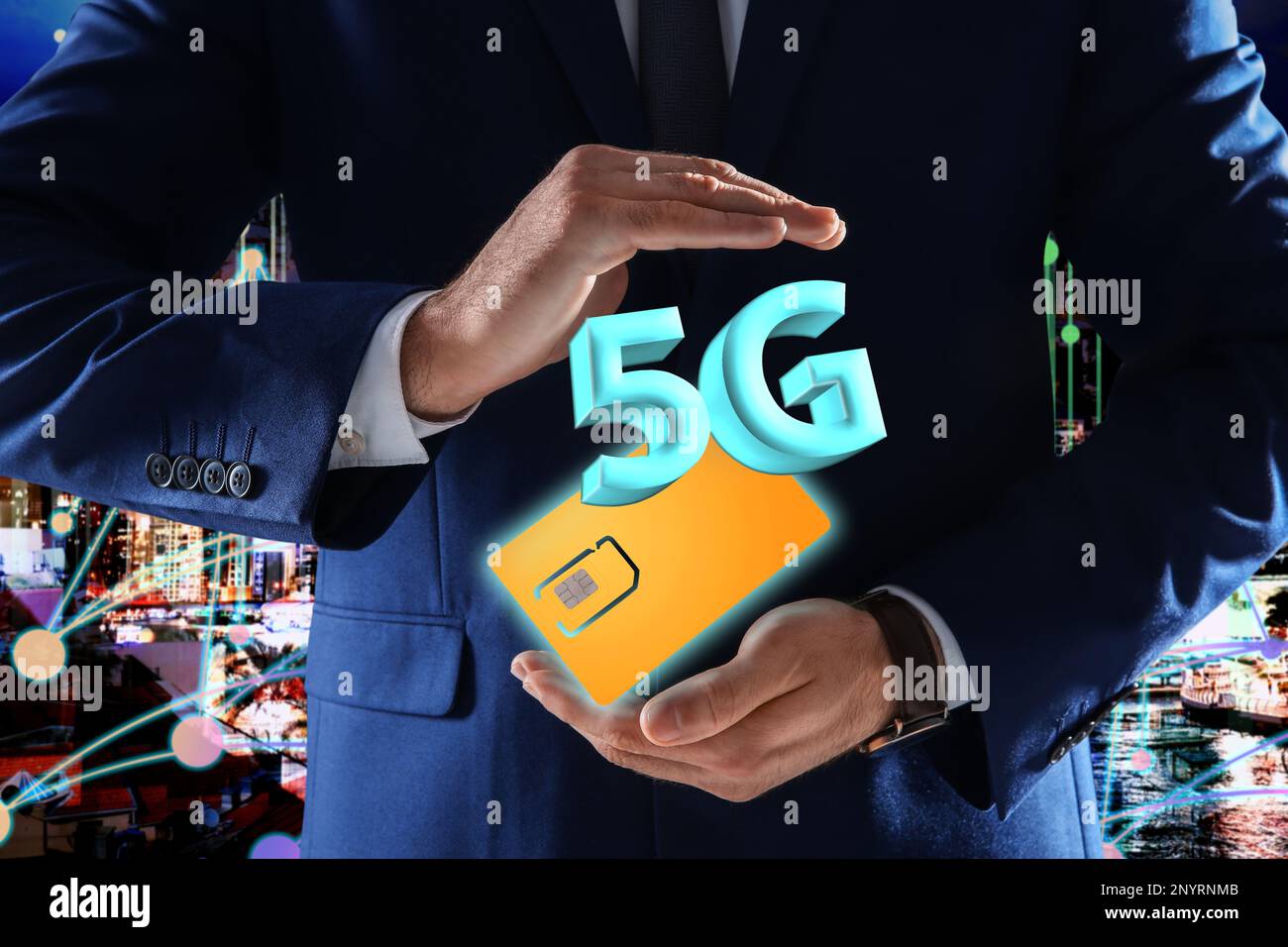 Man demonstrating 5G SIM card model and cityscape with connection lines ...