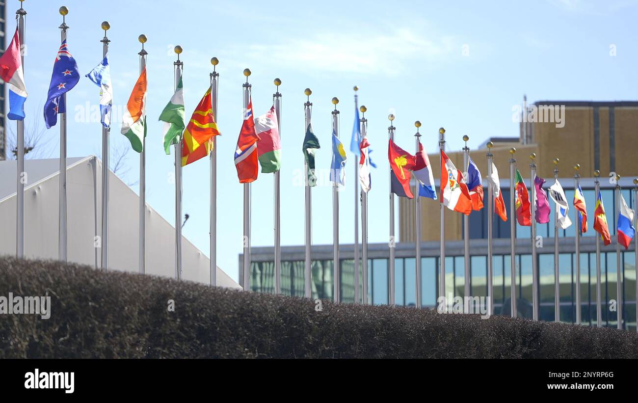 Flags of different nations at United Nations Plaza in New York - street ...