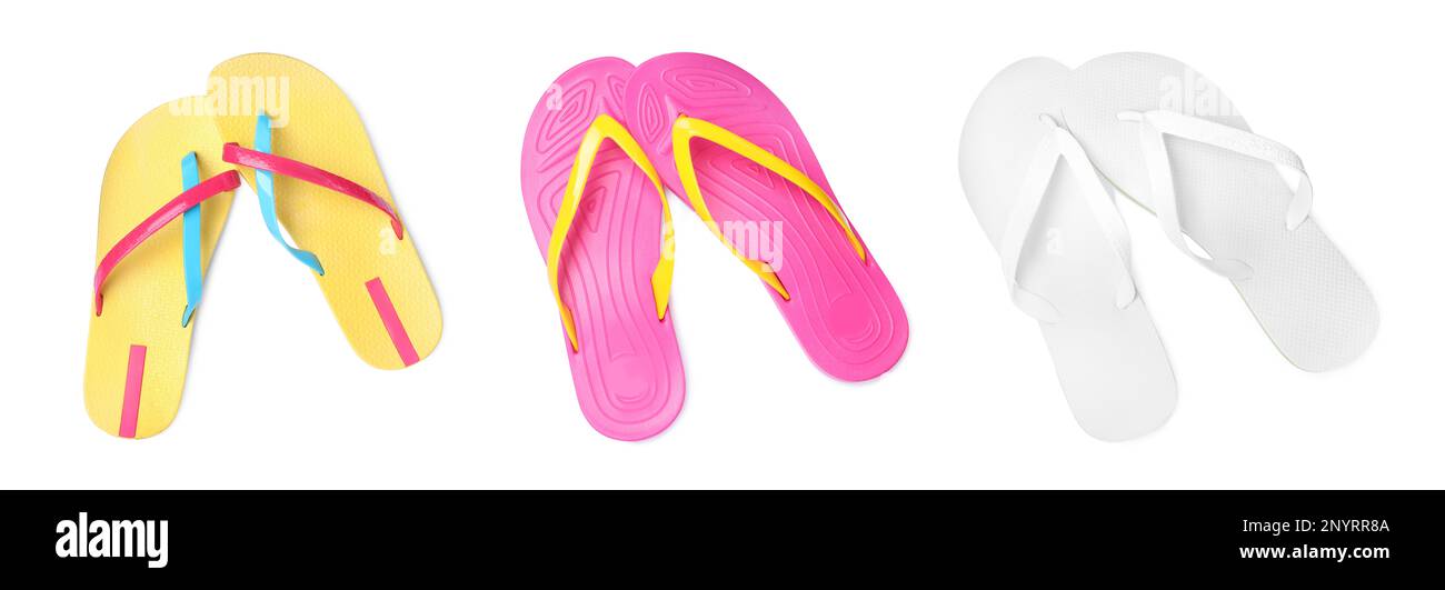 Set with different flip flops on white background, top view. Banner ...