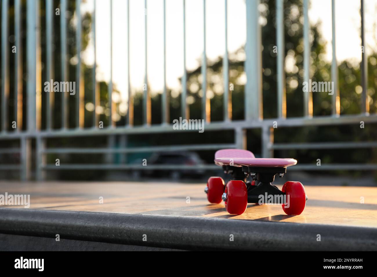 Modern pink skateboard with red wheels on top of ramp outdoors. Space ...
