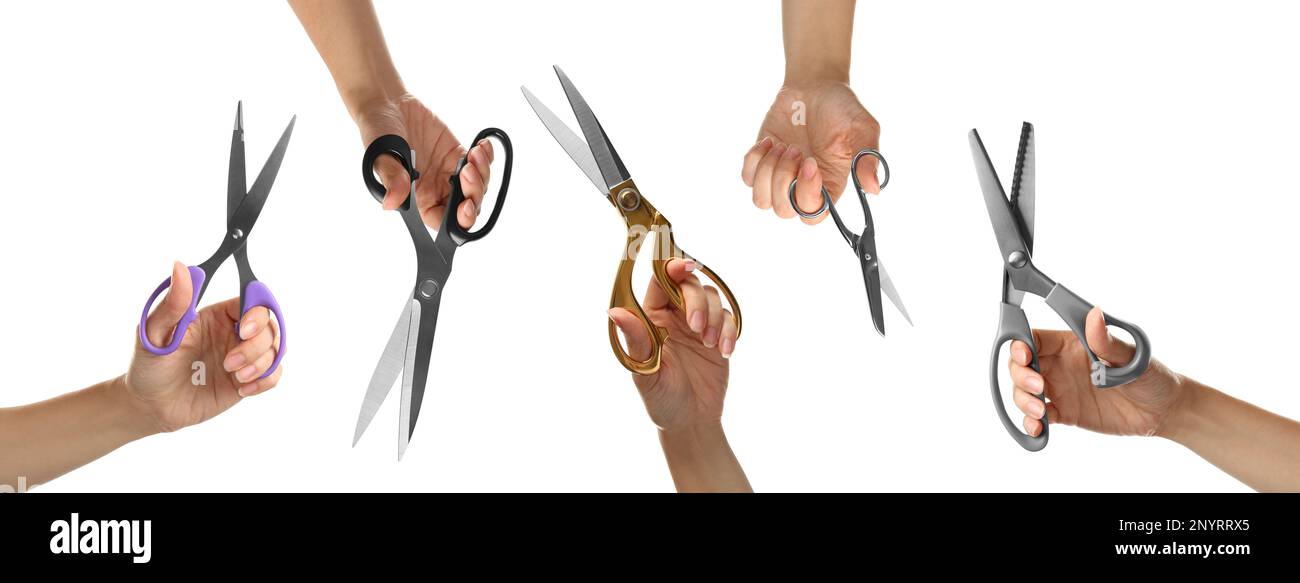 Collage with photos of women holding different scissors on white ...