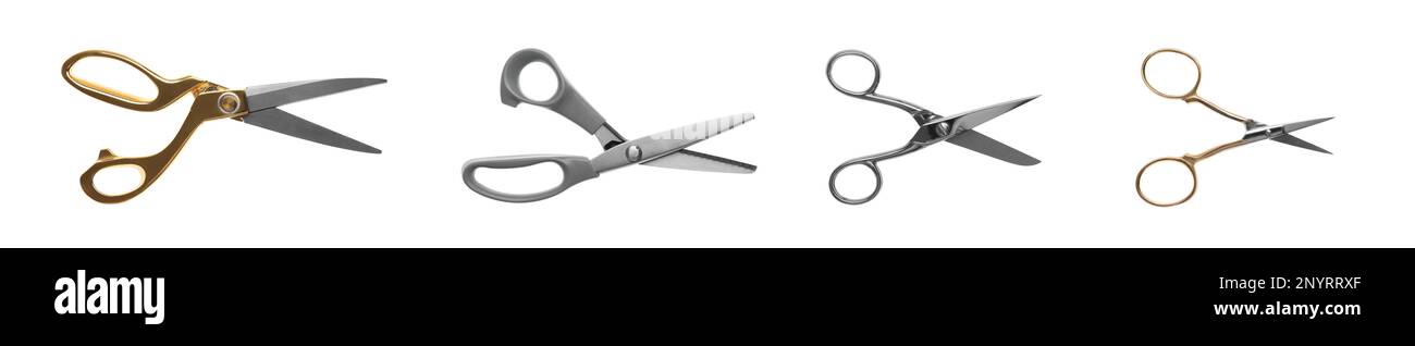 Set with different scissors on white background. Banner design Stock ...