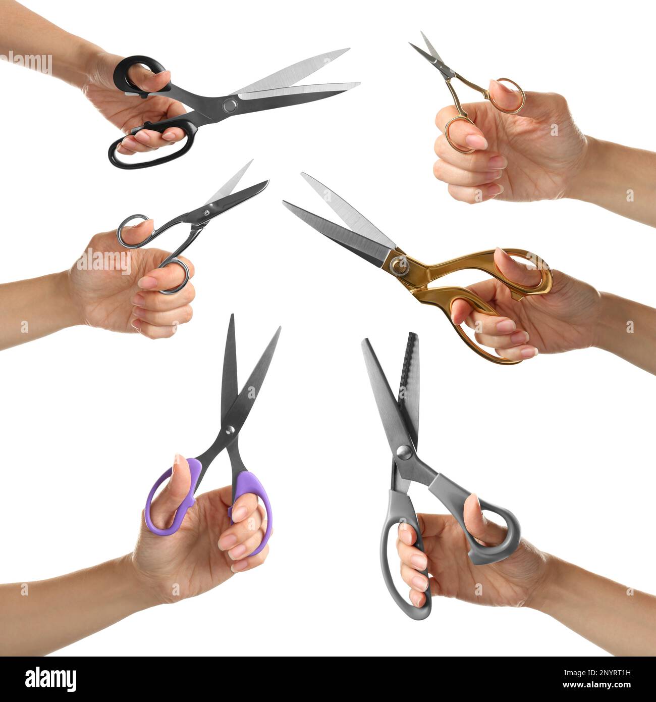 Collage with photos of women holding different scissors on white ...