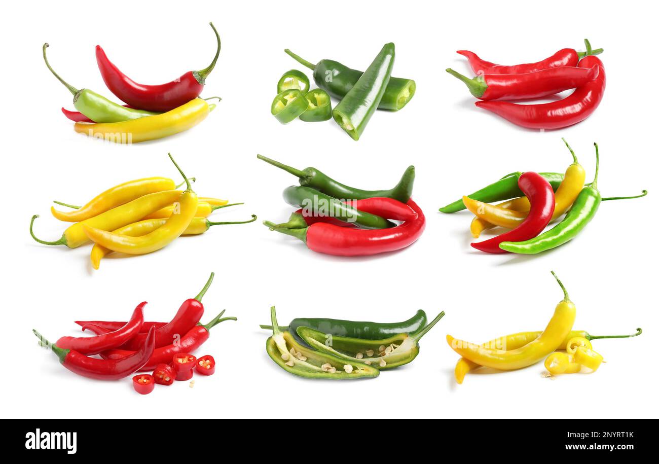 Set with different chili peppers on white background Stock Photo - Alamy