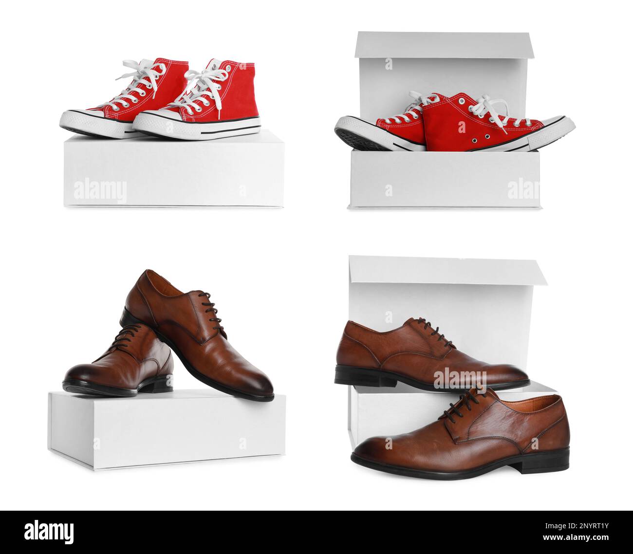 Set with stylish shoes and cardboard boxes on white background Stock ...
