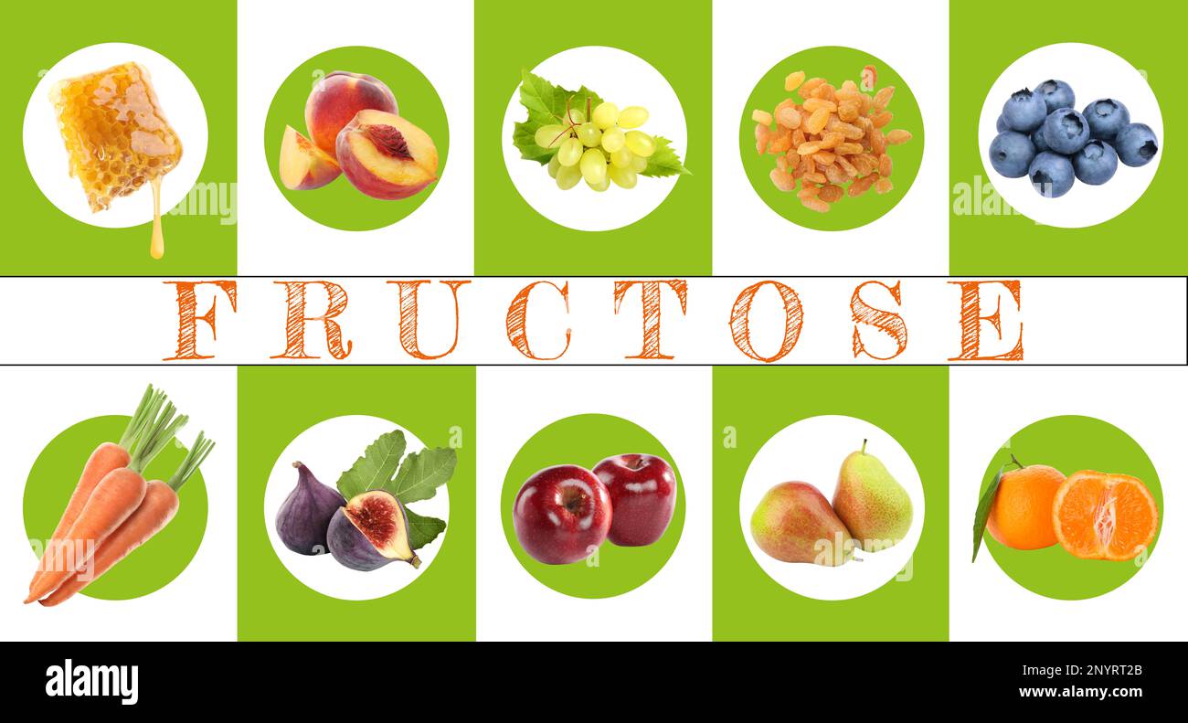 Collage with photos of different products containing fructose Stock ...