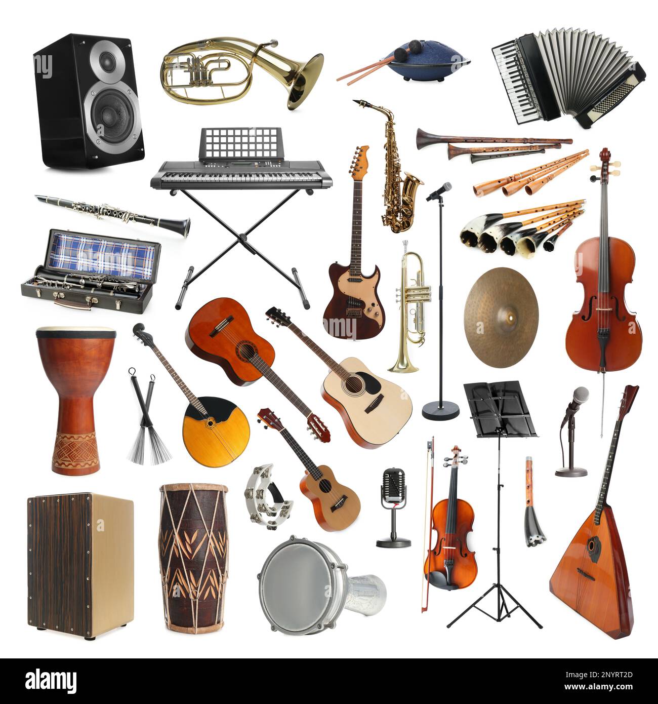 Collection of different musical instruments on white background Stock ...