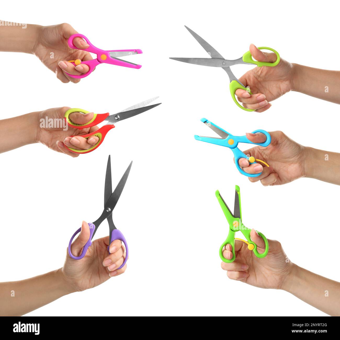 Collage with photos of women holding different scissors on white ...