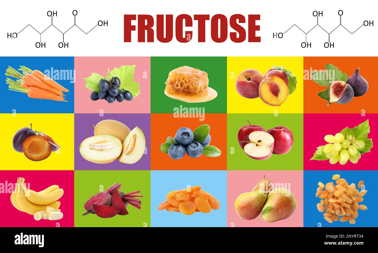 Collage with photos of different products containing fructose Stock ...