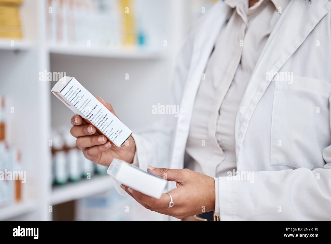 Pharmacy stock check, hands and inventory of medicine and pills ...