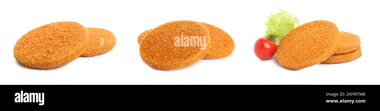 Set with tasty breaded cutlets on white background, banner design Stock ...