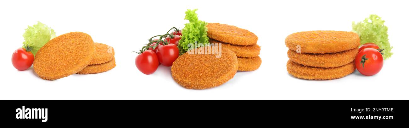Set with tasty breaded cutlets on white background, banner design Stock ...