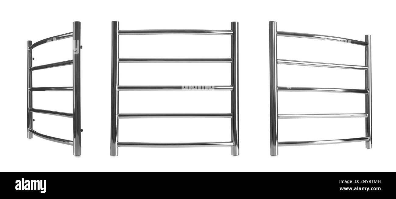 Set with modern heated towel rails on white background. Banner design ...